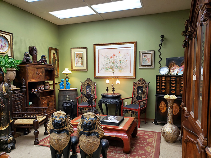 This Asian-inspired display room feels like stepping into another world. Those guardian statues have seen things.