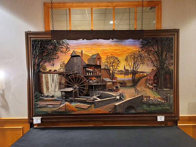 Artwork celebrating rural Pennsylvania heritage adorns the walls, transporting diners to simpler times of water wheels and autumn-hued countryside.