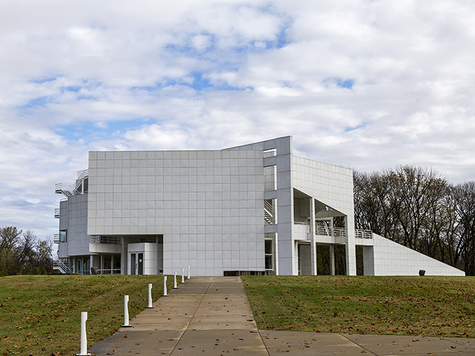 The Atheneum's stark white modernism creates a dramatic counterpoint to New Harmony's historic buildings, like finding an art museum on your grandmother's street.