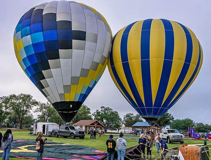 Hot air balloons drift overhead like colorful dreams escaping from someone's particularly optimistic sleep cycle. 