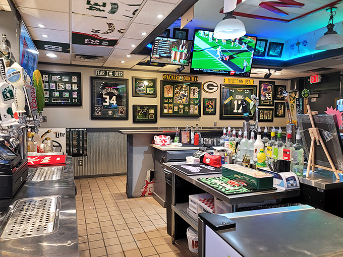 The bar area doubles as a shrine to Wisconsin sports legends. Nothing complements a burger quite like the green and gold of Packers memorabilia.