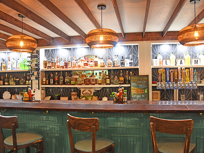 This isn't just a bar; it's a shrine to libations with warm wood tones and basket pendant lights creating the perfect "one more drink" atmosphere.