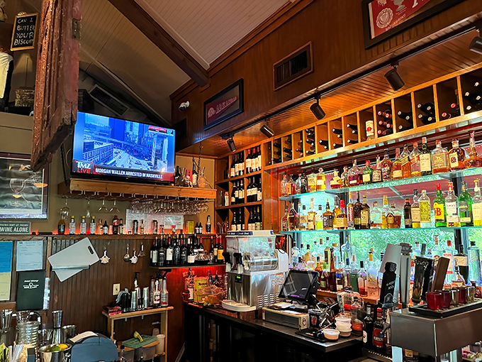 A well-stocked bar that says, "Yes, we take our drinks as seriously as our fish and chips." The warm wood and soft lighting invite lingering conversations.