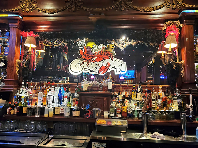 A bar stocked for sailors and landlubbers alike. That crab logo watching over the spirits seems to say, "Drink up, mateys!"