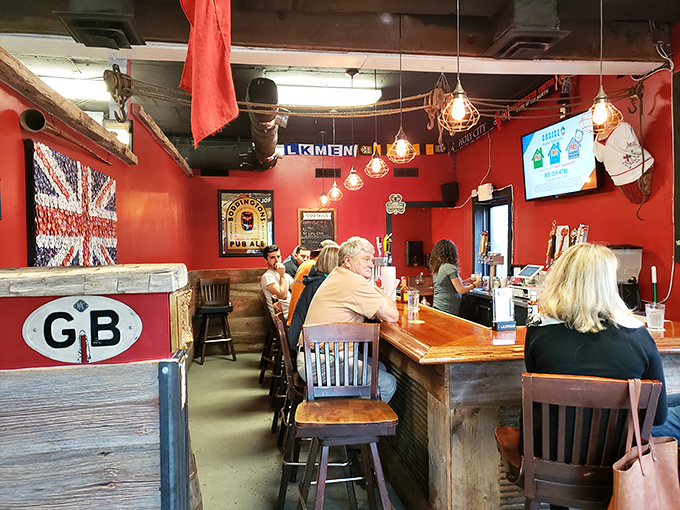 The bar area glows with British pride, from the Union Jack to the GB sign&mdash;a corner of England carved out in the American South.