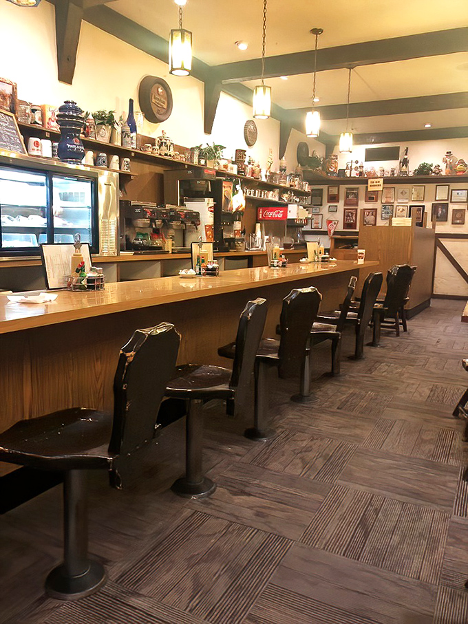 The counter area feels like a portal to old-world Europe, where beer steins and decorative plates tell stories of meals past.