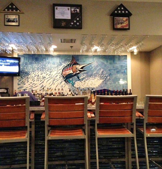 A bar that says "pull up a chair and stay awhile." That marlin mural isn't just decoration&mdash;it's setting expectations for the freshness that awaits.