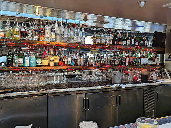A bar stocked like a pirate's dream. After a few of these libations, you might start believing you can speak to the fish.