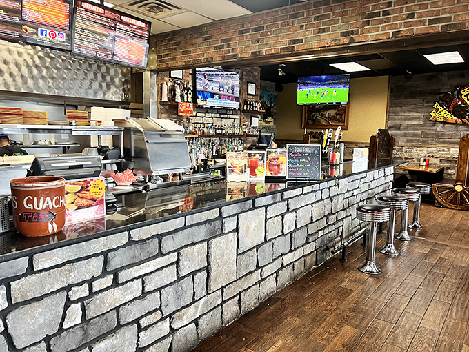 Where tequila meets tradition. The wagon wheel d&eacute;cor and rustic wood elements create a cantina vibe that enhances every bite.