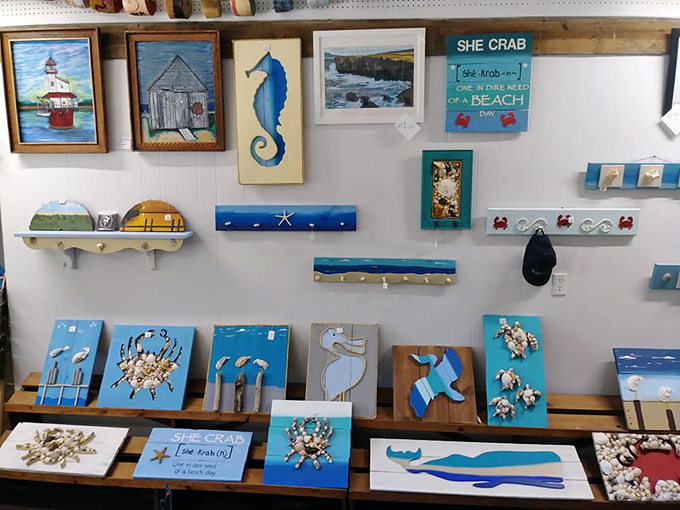 Coastal-inspired artwork transforms the walls into a celebration of Chesapeake Bay life &ndash; crabs, lighthouses, and blue waters immortalized in paint.