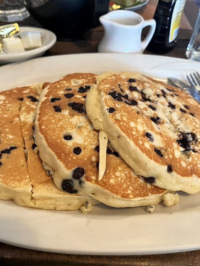 Blueberry pancakes where each berry creates its own perfect pocket of jammy goodness. Nature's breakfast candy in its ideal form.