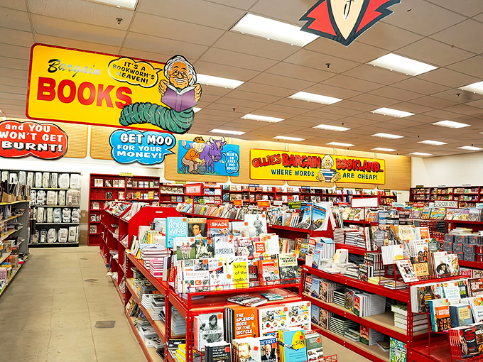 Bibliophile heaven disguised as a discount store. Those red shelves hold literary treasures at prices that would make your local bookstore weep.