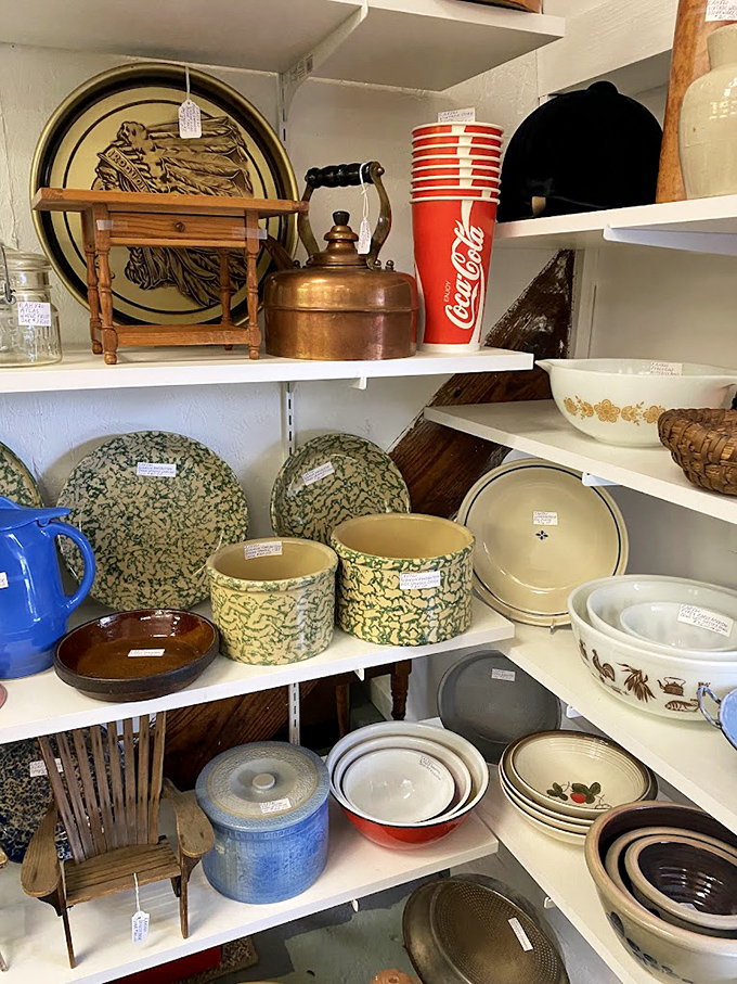 Spongeware pottery and vintage kitchenware that survived countless family dinners now wait for a second life in your home, complete with their history of comfort.