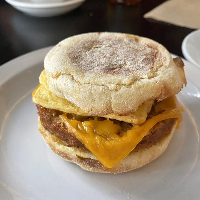 The breakfast sandwich that launched a thousand return visits. That golden cheese melt is performing some serious plant-based wizardry.