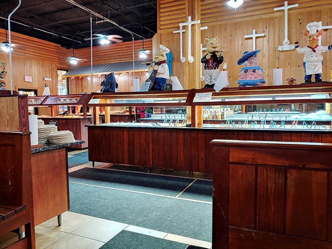 Character figurines watch over the buffet like guardians of Southern cuisine. They've seen thousands of happy plates and stretchy waistbands.