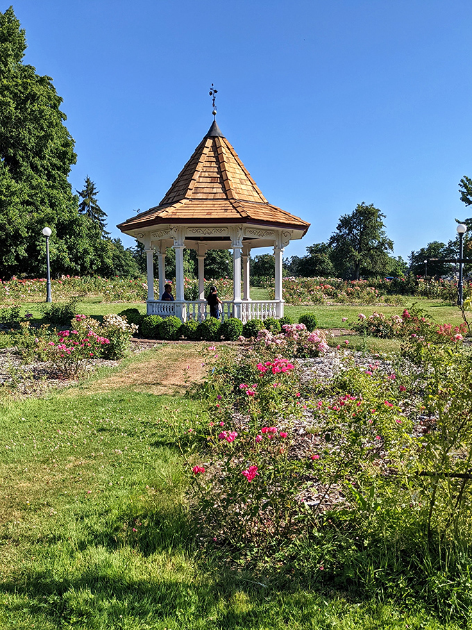 Bush's Pasture Park's charming gazebo sits like a wedding cake centerpiece amid a garden that would make even non-gardeners consider buying pruning shears.