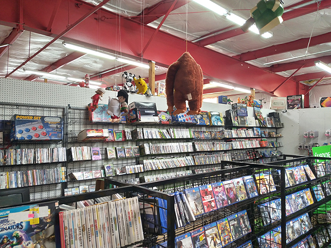 Physical media refuses to die at this entertainment booth. Somewhere in those racks is the DVD that streaming services cruelly removed last month.