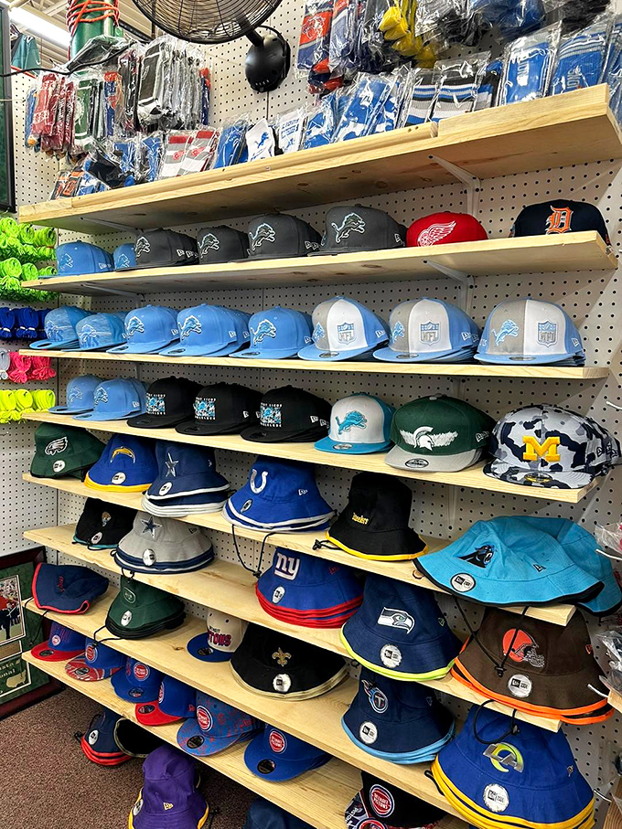 Detroit pride dominates the hat section, with Lions blue and Tigers navy creating a sea of hometown loyalty at bargain prices.