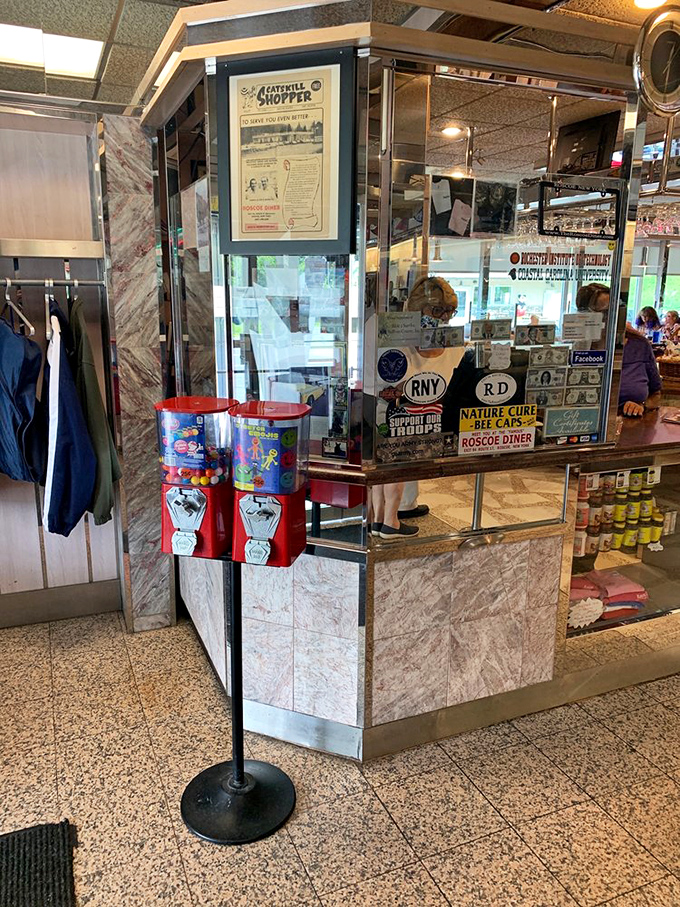 The cashier's booth&mdash;part time machine, part treasure chest&mdash;where gumball machines stand sentinel and local memorabilia tells stories of Catskills past.
