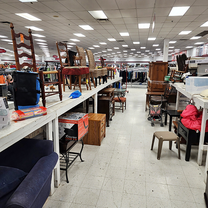 The furniture section creates a maze of possibility where mid-century modern pieces neighbor country-style tables in perfect secondhand harmony.