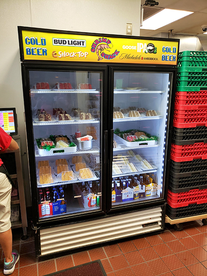 The beer fridge doubles as a seafood market display. Because sometimes you need to take the ocean's bounty home with you.