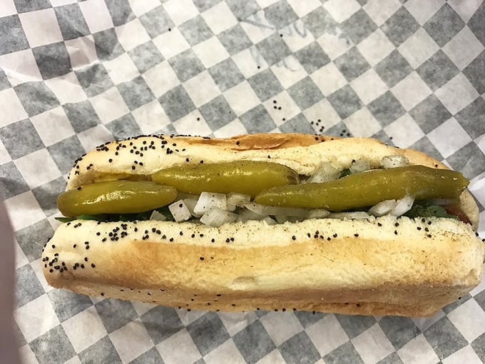 A Chicago dog in its natural habitat&mdash;poppy seed bun, vibrant toppings, and not a drop of ketchup in sight. As it should be.