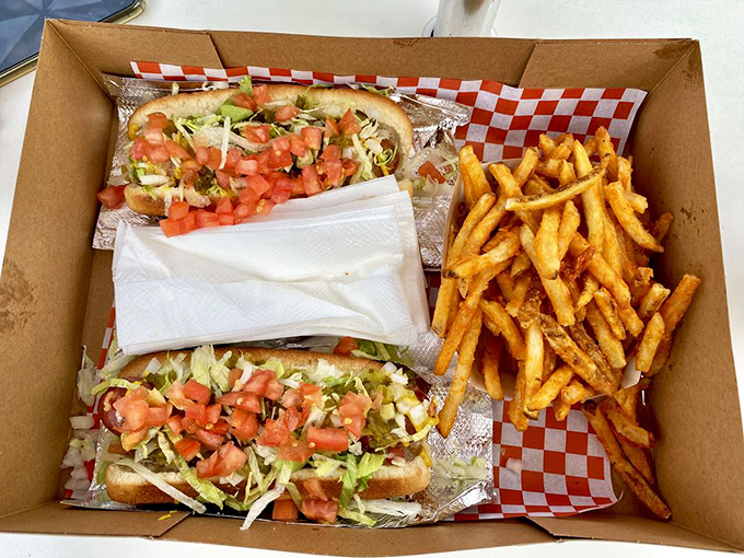 Chicago-style dogs proving that sometimes the best California experiences come with Midwest DNA and attitude.