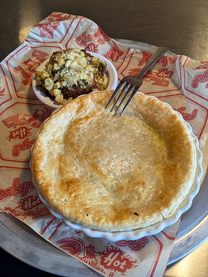 A golden-crusted chicken pot pie that whispers, "There are other menu items besides fried chicken, and we're equally magnificent." Mac and cheese concurs.