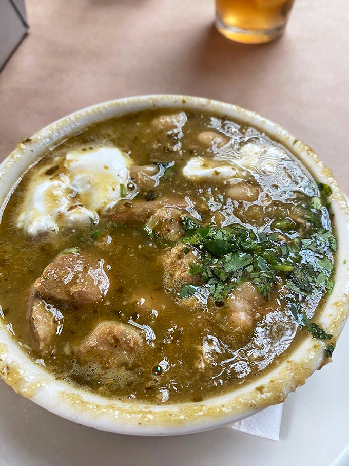 This isn't just soup&mdash;it's a hearty bowl of chili verde with tender meat swimming in a broth that tastes like someone's grandmother perfected it.