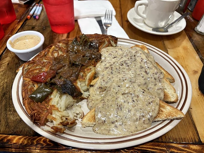 Chipped beef on hash browns&mdash;the breakfast that sustained a generation. This plate demonstrates why some classics never need reinvention.
