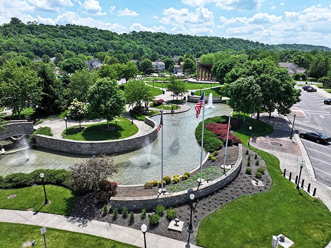 Village Green Park's fountain creates a soothing soundtrack for community gatherings, proving water features aren't just for fancy hotels and Italian plazas.