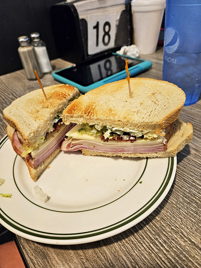 This club sandwich stands tall and proud, layers of meat and veggies held together by toothpicks and ambition.