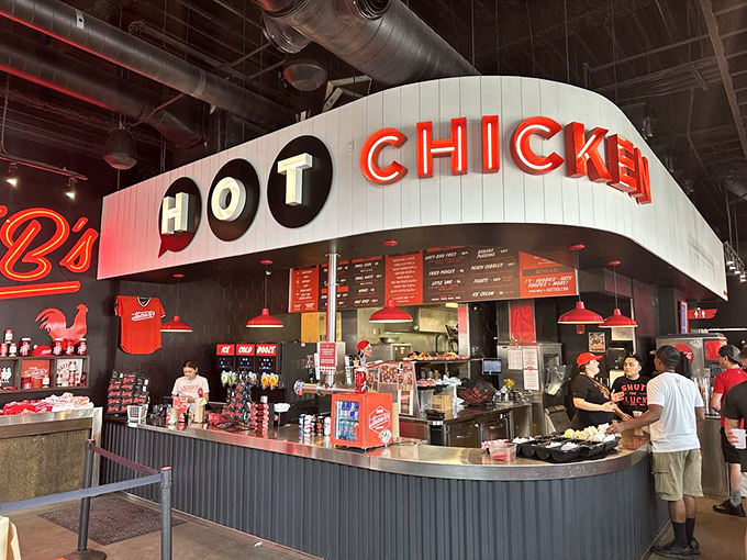 The command center where spice dreams become reality. That "HOT CHICKEN" sign isn't just illuminated&mdash;it's radiating truth.