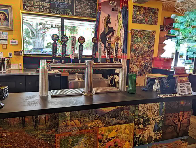 This isn't just a counter; it's mission control for flavor exploration, where beer taps stand ready to complement your pizza journey.