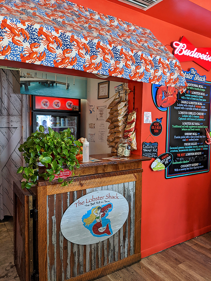 Mermaid meets lobster at this whimsical counter. The corrugated metal and warm wood create the perfect backdrop for seafood storytelling.
