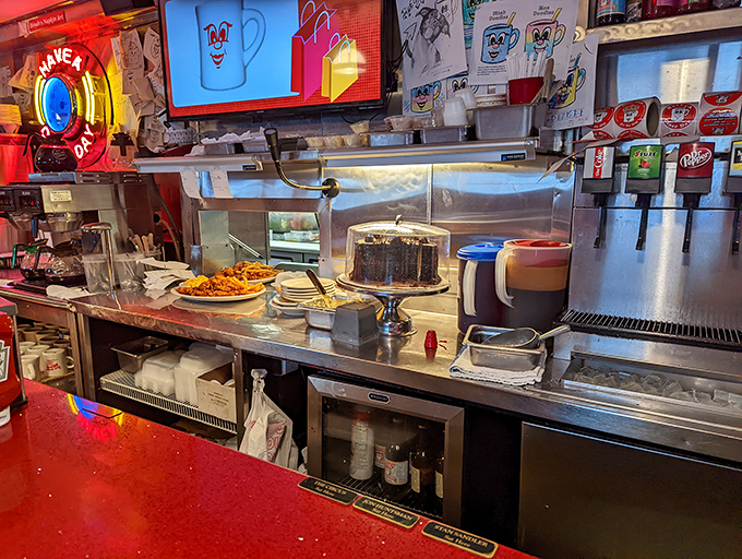 Diner counter philosophy: keep the coffee hot, the conversation flowing, and the dessert case visible at all times.