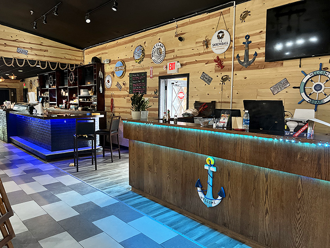 The nautical-themed counter area makes you feel like you've stepped onto a ship&mdash;one that happens to serve excellent seafood.