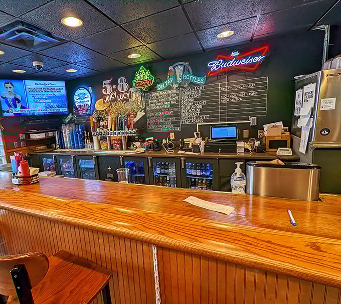 The bar area serves as command central for burger operations, with enough beer taps to ensure your Juicy Lucy has a proper liquid companion.