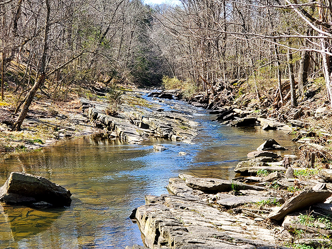 Cabin Run Creek meanders through rocky passages, carving its patient way through the landscape just as it has for centuries. 