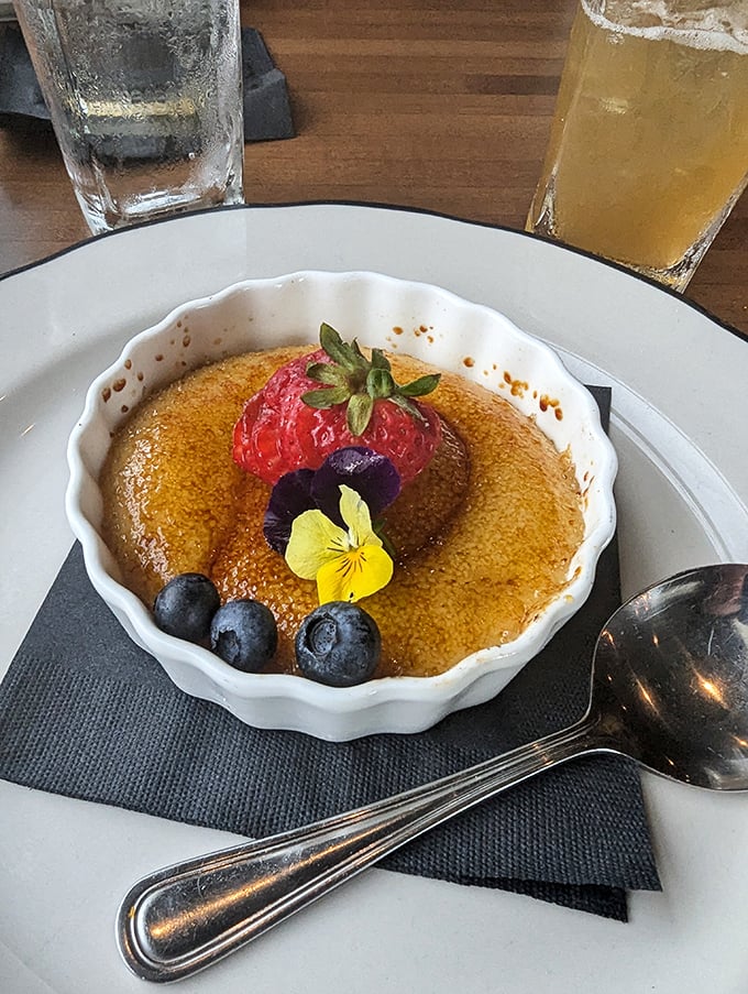 Cr&egrave;me br&ucirc;l&eacute;e with that perfect glass-like sugar top &ndash; the most satisfying crack since bubble wrap was invented.