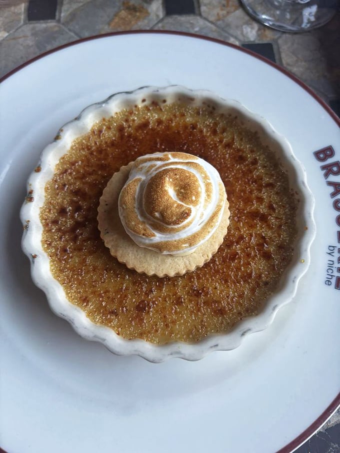 This cr&egrave;me br&ucirc;l&eacute;e with its perfectly torched top cracks like thin ice on a winter pond, revealing silky custard treasure below.