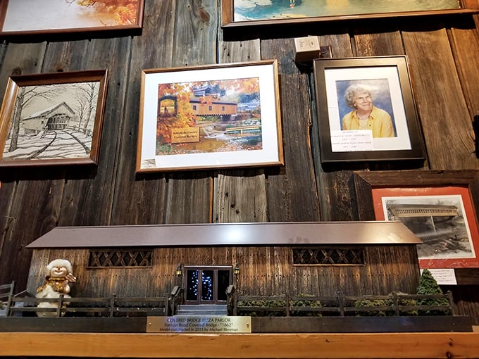 The walls tell stories almost as delicious as the food. Each frame and artifact adds another layer to the covered bridge experience.