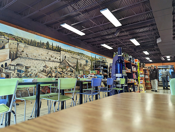 The dining area offers front-row seats to the Jerusalem mural&mdash;dinner and a show, minus the overpriced tickets and uncomfortable theater seats.