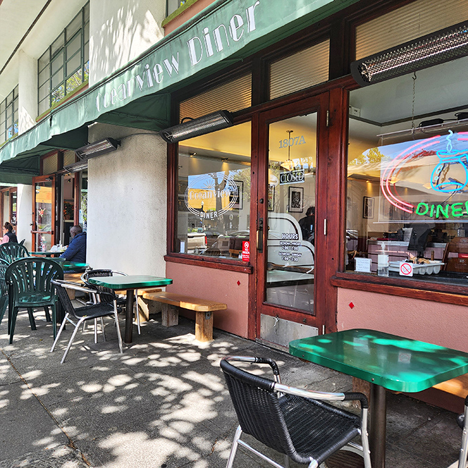 The dappled sunlight playing across these outdoor tables practically guarantees your breakfast will taste 30% better than if eaten indoors.
