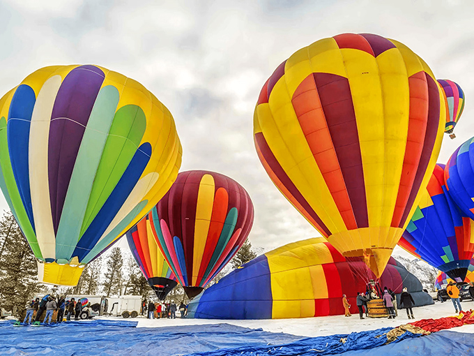 Hot air balloons add splashes of color to Winthrop's already spectacular skyline, floating like giant Christmas ornaments against the mountain backdrop.