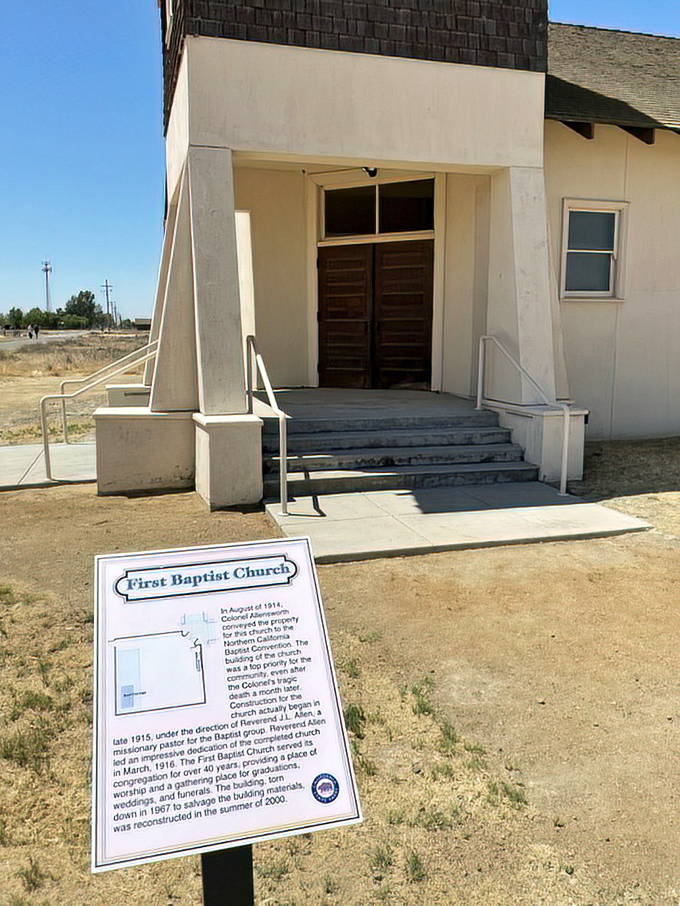 The First Baptist Church's simple dignity speaks volumes about the spiritual foundation of this pioneering community.