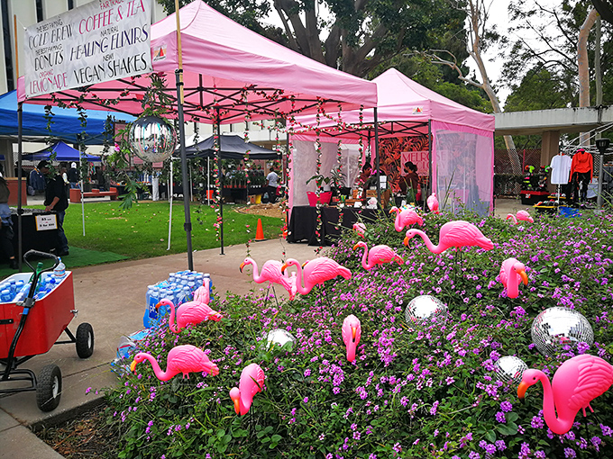 A flamingo garden in full bloom &ndash; where plastic birds and purple flowers create the perfect Instagram backdrop for Sunday market wanderers.