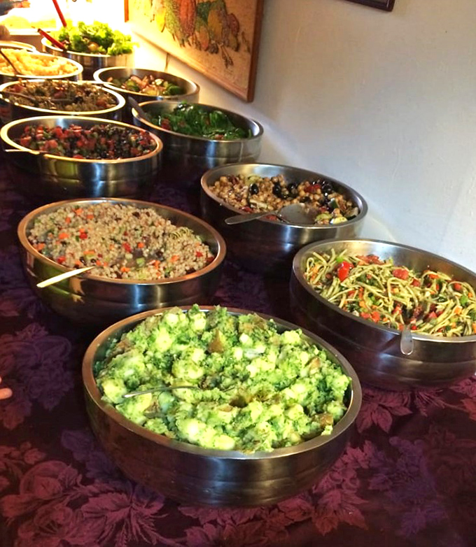 The Sunday buffet spread&mdash;a vegetarian feast that proves abundance doesn't require animal products, just imagination and skill. 