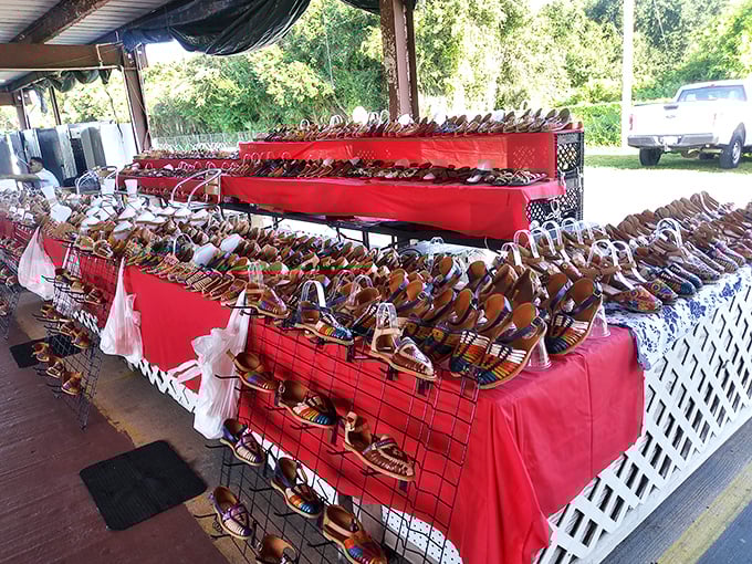 If Imelda Marcos had discovered flea markets, her collection might have looked like this vibrant footwear display&mdash;minus the political controversy.