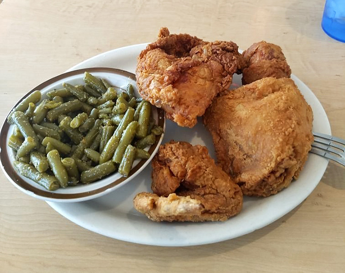 Fried chicken that could make a Southern grandmother nod in approval, paired with green beans that actually taste like vegetables.